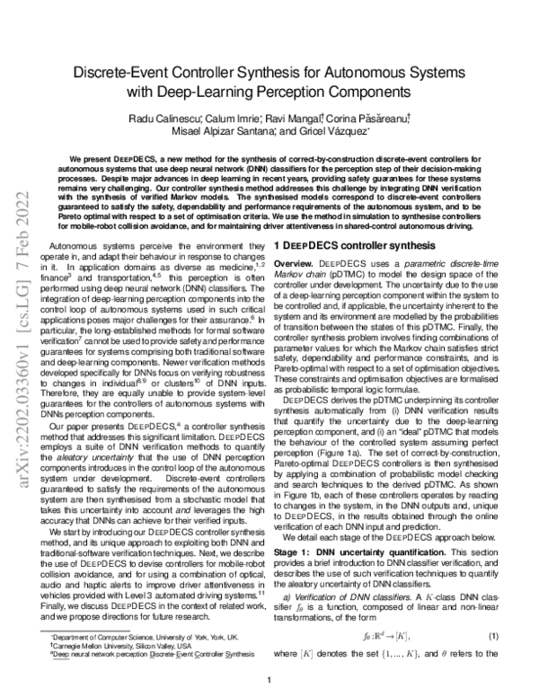 Pdf Discrete Event Controller Synthesis For Autonomous Systems With Deep Learning Perception