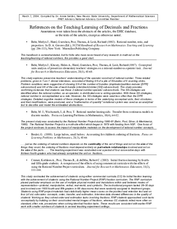 (PDF) Annotated Bibliography on the Teaching/Learning of Decimals and ...