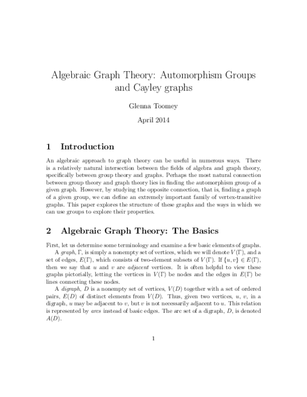 (PDF) Algebraic Graph Theory: Automorphism Groups and Cayley graphs