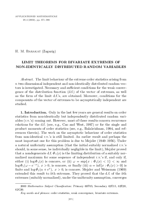 (PDF) Limit theorems for bivariate extremes of non-identically distributed random variables