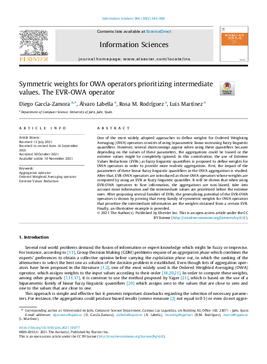 (PDF) Symmetric weights for OWA operators prioritizing intermediate values. The EVR-OWA operator