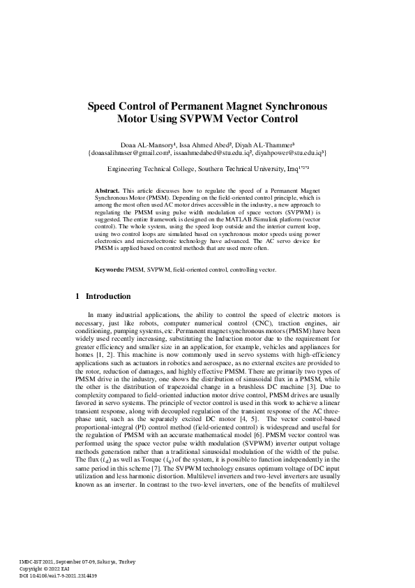 (PDF) Speed Control of Permanent Magnet Synchronous Motor Using SVPWM ...