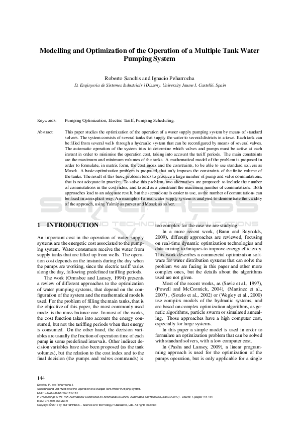 Pdf Modelling And Optimization Of The Operation Of A Multiple Tank Water Pumping System