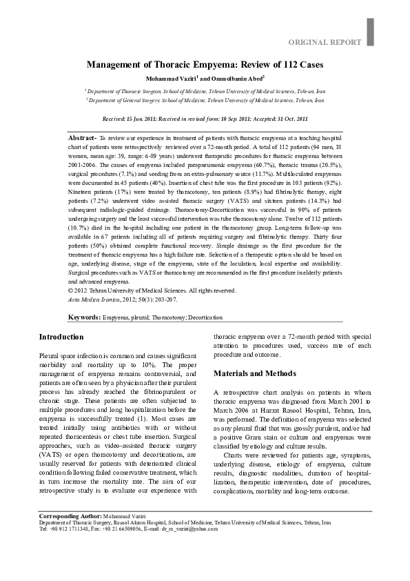 (PDF) ORIGINAL REPORT Management of Thoracic Empyema: Review of 112 Cases