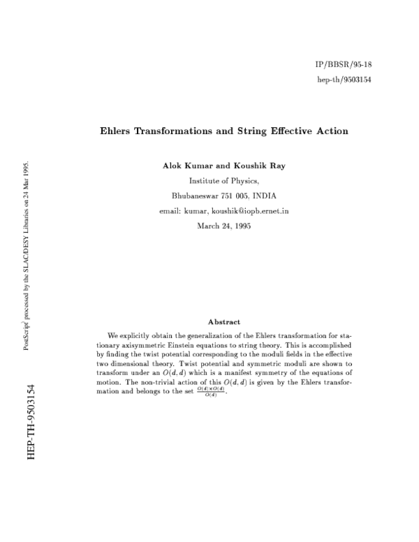 (PDF) Ehlers transformations and string effective action | Koushik Ray - Academia.edu