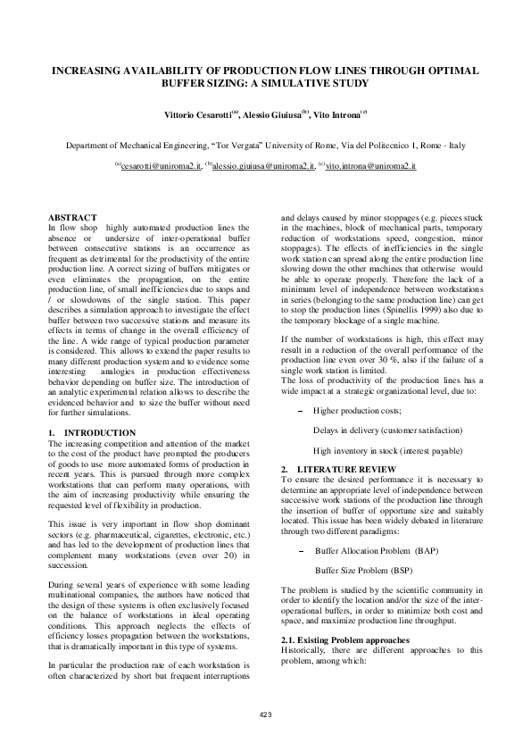 Pdf Increasing Availability Of Production Flow Lines Through Optimal Buffer Sizing A