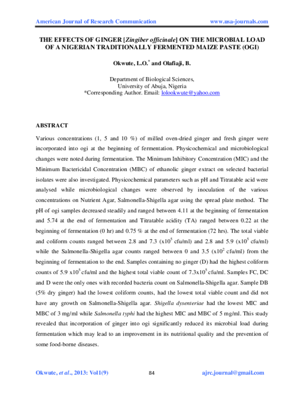 (PDF) THE EFFECTS OF GINGER (Zingiber officinale) ON THE MICROBIAL LOAD ...