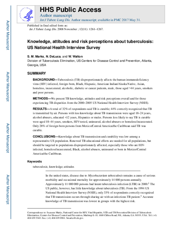 (PDF) Knowledge, attitudes and risk perceptions about tuberculosis: US ...