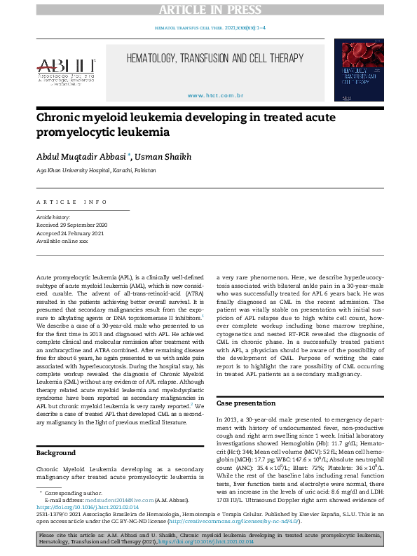 (PDF) Chronic myeloid leukemia developing in treated acute promyelocytic leukemia