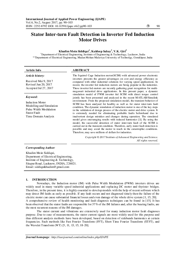 Pdf Stator Inter Turn Fault Detection In Inverter Fed Induction Motor