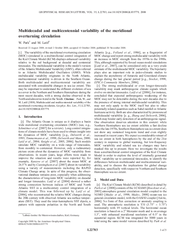 (PDF) Multidecadal and multicentennial variability of the meridional overturning circulation