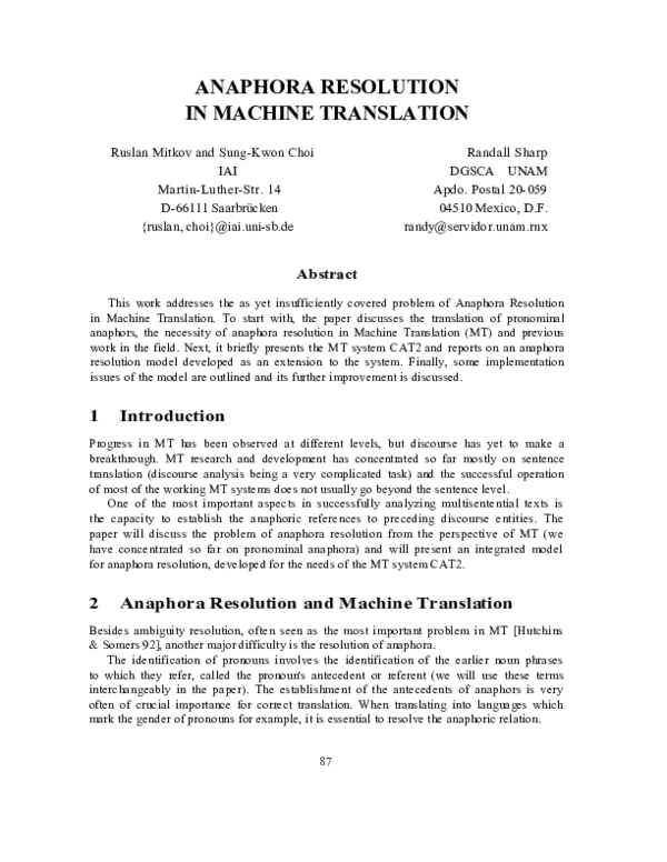 (PDF) Anaphora resolution in machine translation