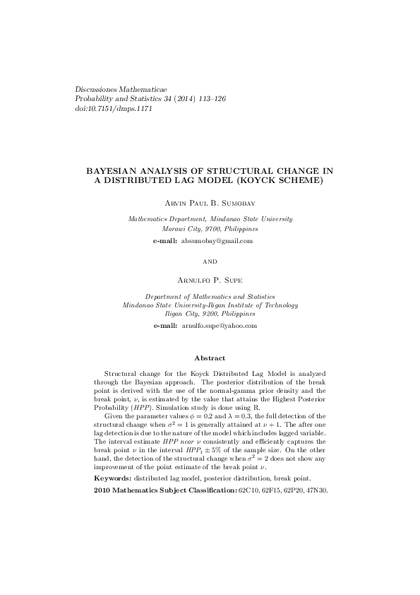 (PDF) Bayesian analysis of structural change in a distributed Lag Model (Koyck Scheme)