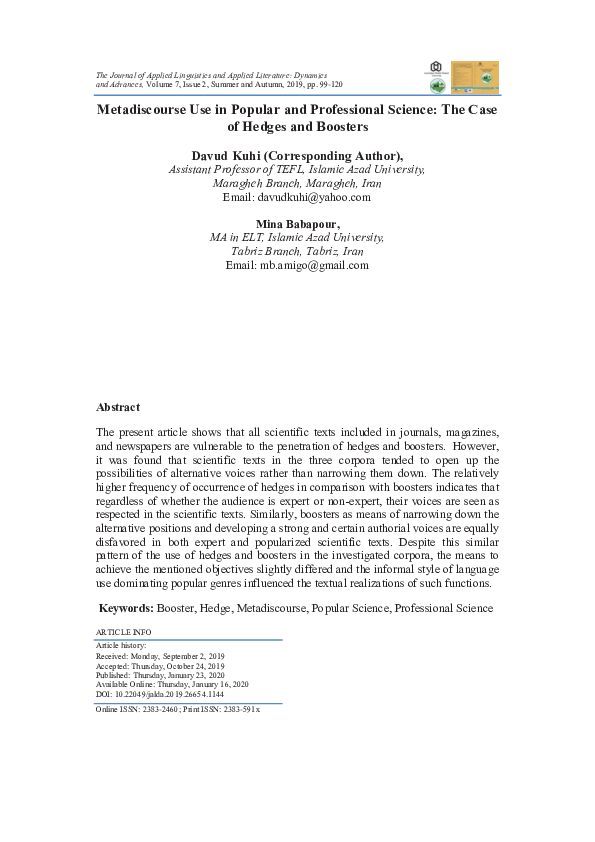 (PDF) Metadiscourse Use in Popular and Professional Science: The Case ...