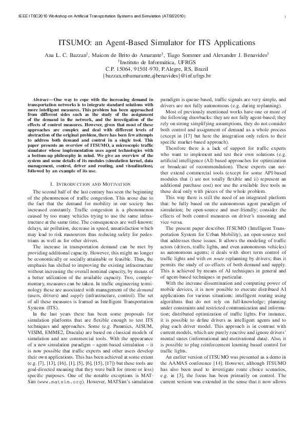 (PDF) ITSUMO: an Agent-Based Simulator for ITS Applications | Tiago Sommer - Academia.edu