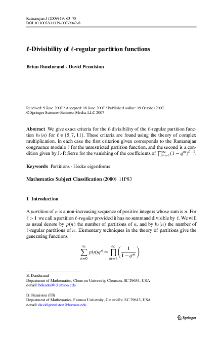 Pdf ℓ Divisibility Of ℓ Regular Partition Functions Brian Dandurand