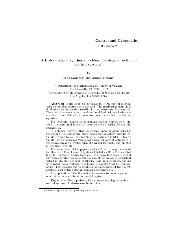 (PDF) A Bolza optimal synthesis problem for singular estimate control systems