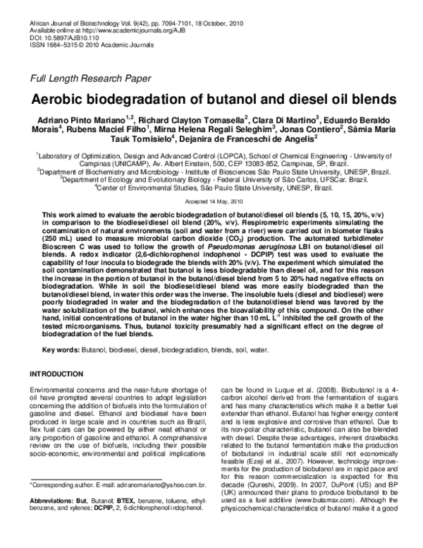 (PDF) Aerobic biodegradation of butanol and diesel oil blends