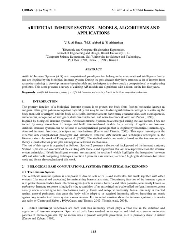(PDF) Artificial Immune Systems – Models, Algorithms and Applications