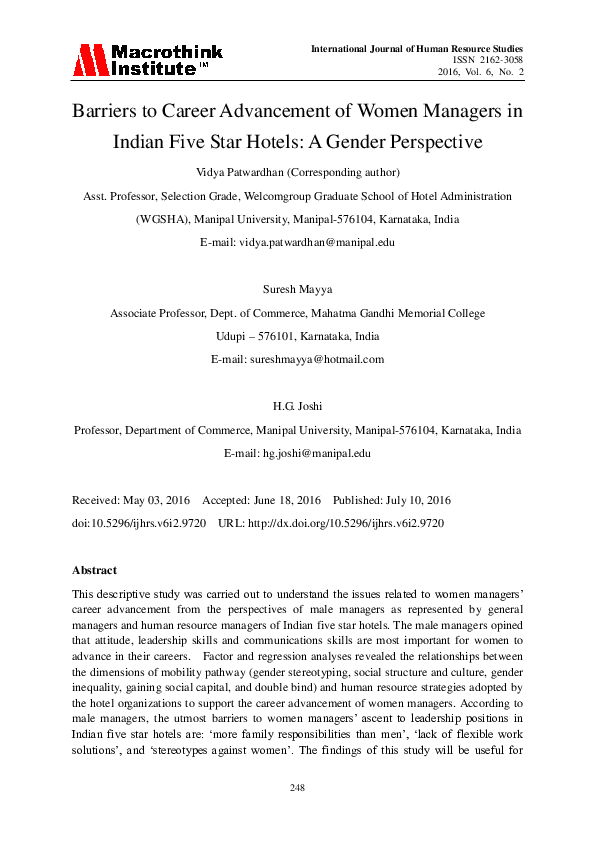 (PDF) Barriers to Career Advancement of Women Managers in Indian Five ...