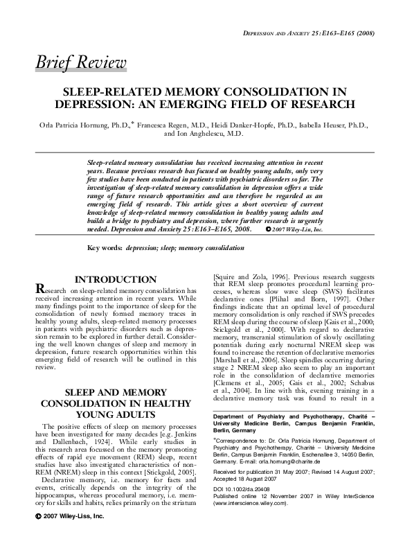 (PDF) Sleep-related memory consolidation in depression: an emerging ...