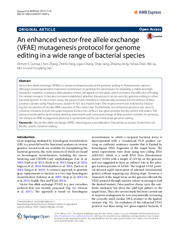 (PDF) An enhanced vector-free allele exchange (VFAE) mutagenesis ...