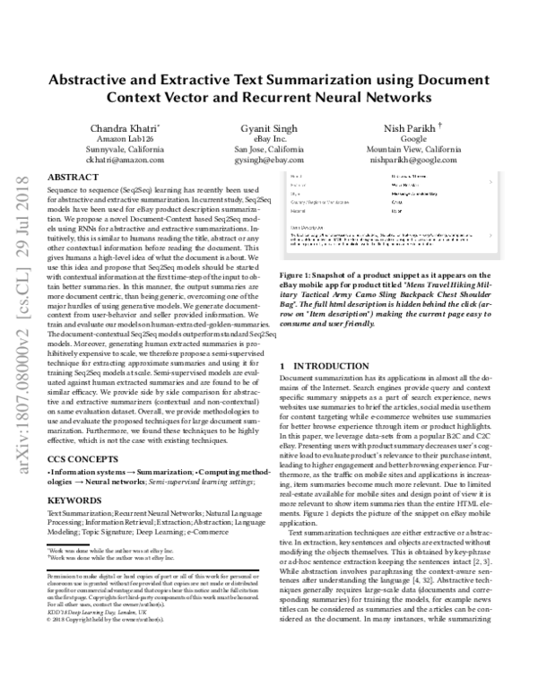 (PDF) Abstractive and Extractive Text Summarization using Document Context Vector and Recurrent ...