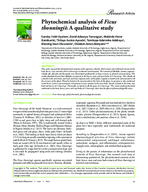 (PDF) Phytochemical analysis of Ficus thonningii: A qualitative study