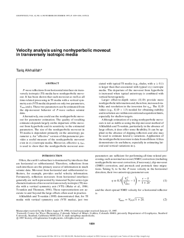 (PDF) Velocity analysis using nonhyperbolic moveout in transversely isotropic media