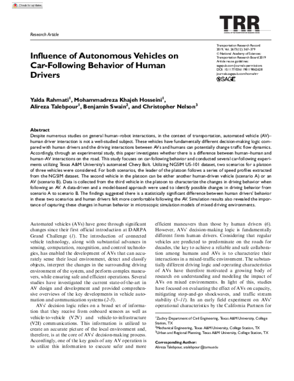 (PDF) Influence of Autonomous Vehicles on Car-Following Behavior of ...