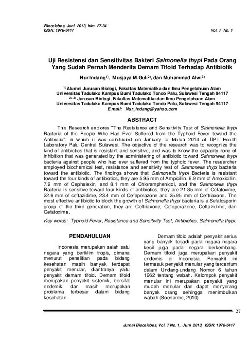 (PDF) Uji Resistensi dan Sensitivitas Bakteri Salmonella thypi Pada ...