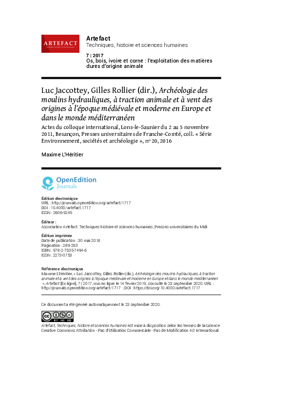 (PDF) Luc Jaccottey, Gilles Rollier (dir.), Archéologie des moulins ...