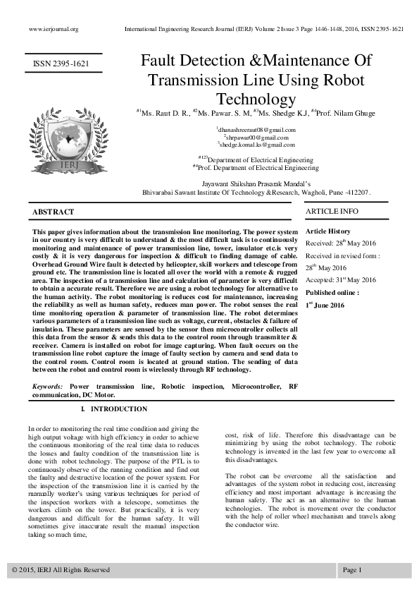 (PDF) Fault Detection &Maintenance Of Transmission Line Using Robot Technology