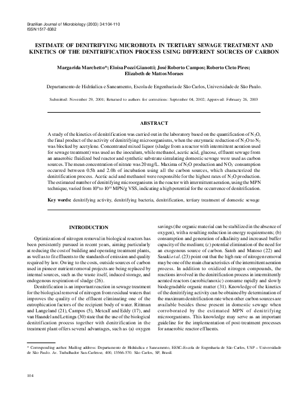 (PDF) Estimate of denitrifying microbiota in tertiary sewage treatment and kinetics of the ...