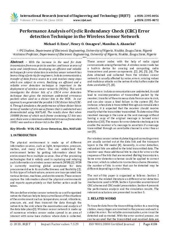 Pdf Performance Analysis Of Cyclic Redundancy Check Crc Error Detection Technique In The