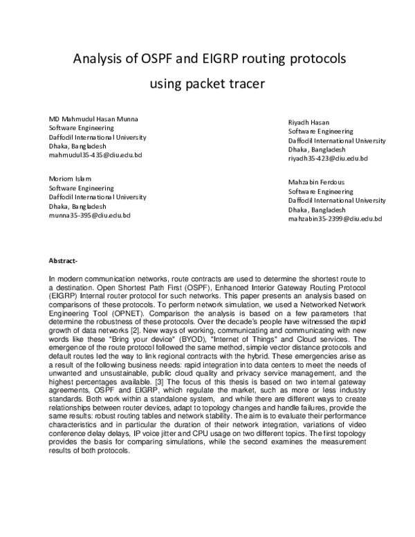 Pdf Analysis Of Ospf And Eigrp Routing Protocols Using Packet Tracer