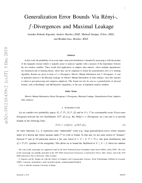 Pdf Generalization Error Bounds Via Rényi F Divergences And Maximal Leakage Ibrahim Issa