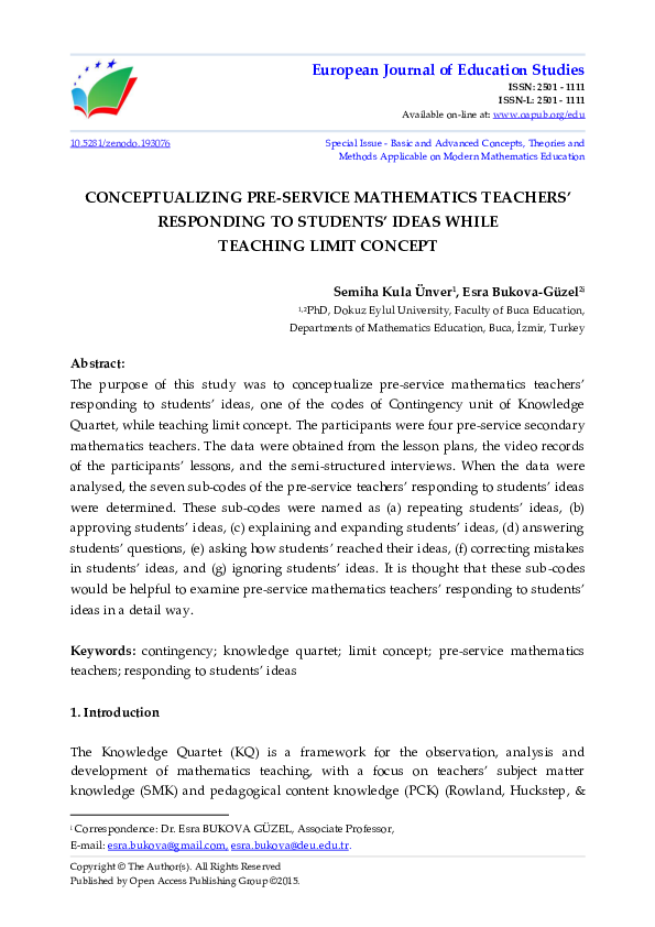 (PDF) Conceptualizing Pre-Service Mathematics Teachers’ Responding to ...