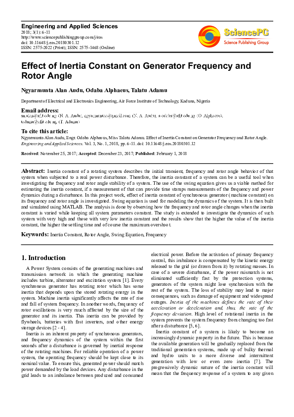 (PDF) Effect of Inertia Constant on Generator Frequency and Rotor Angle