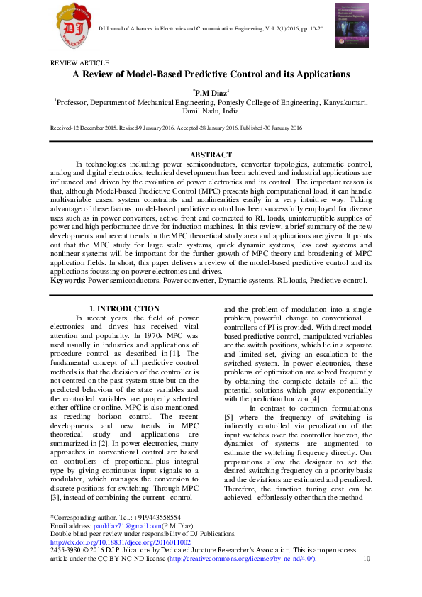 Pdf A Review Of Model Based Predictive Control And Its Applications