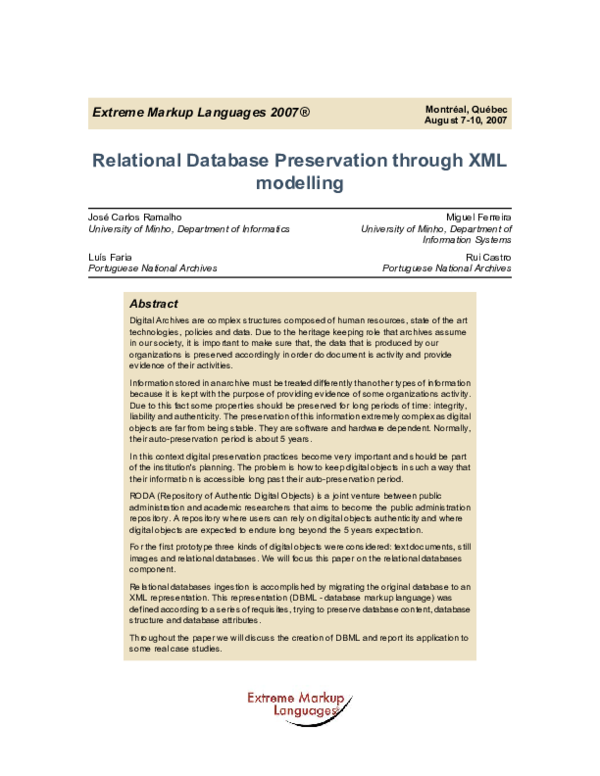(PDF) Relational database preservation through XML modelling