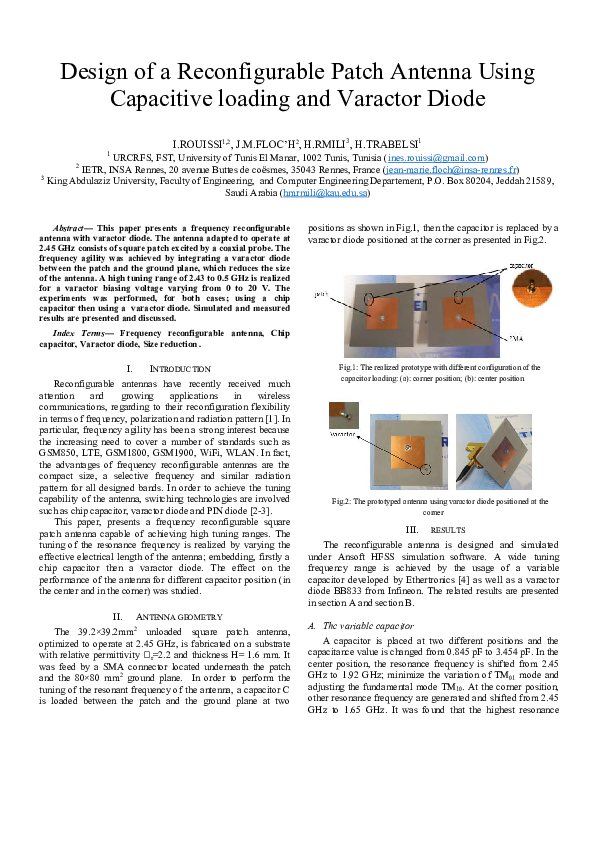 (PDF) Study of Reconfigurable Square Patch Antenna Using Capacitive Loading