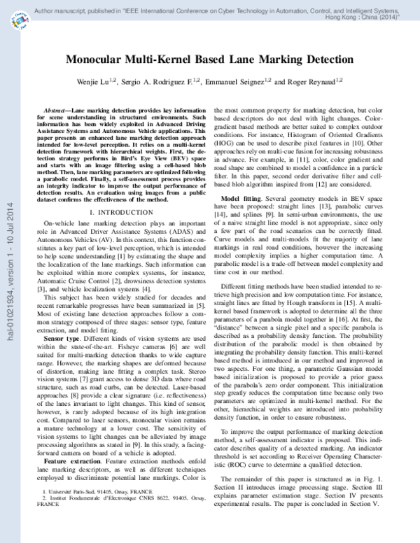 (PDF) Monocular multi-kernel based lane marking detection