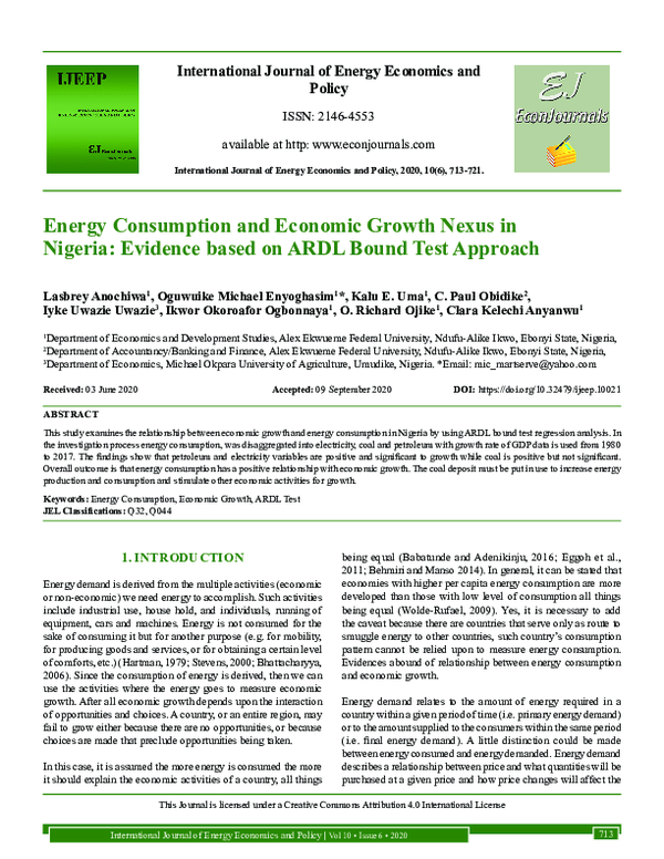 Pdf Energy Consumption And Economic Growth Nexus In Nigeria Evidence