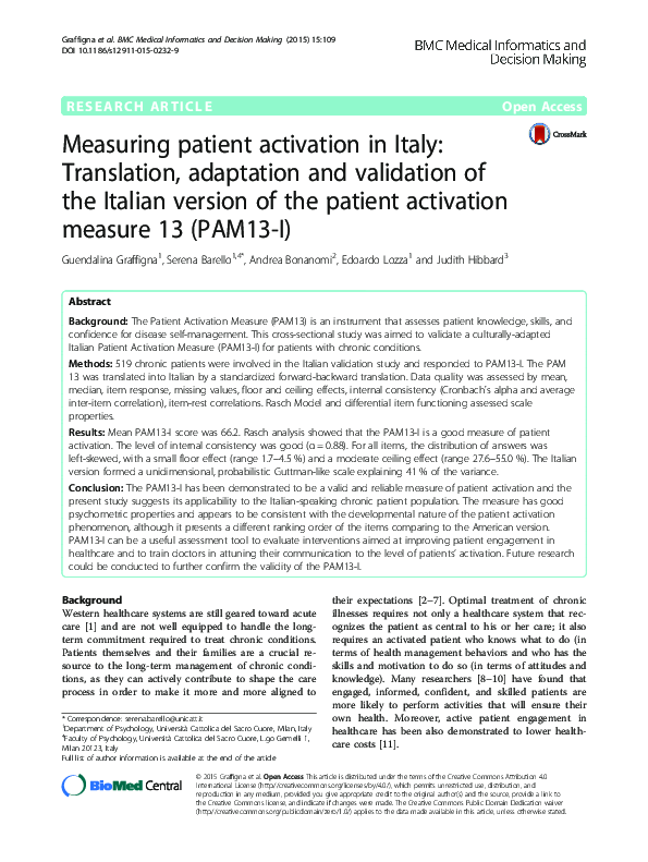 (PDF) Measuring patient activation in Italy: Translation, adaptation ...