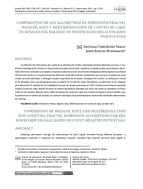 (PDF) Comparativo de los Algoritmos de Dimensión Fractal Higuchi, Katz y Multiresolución de ...