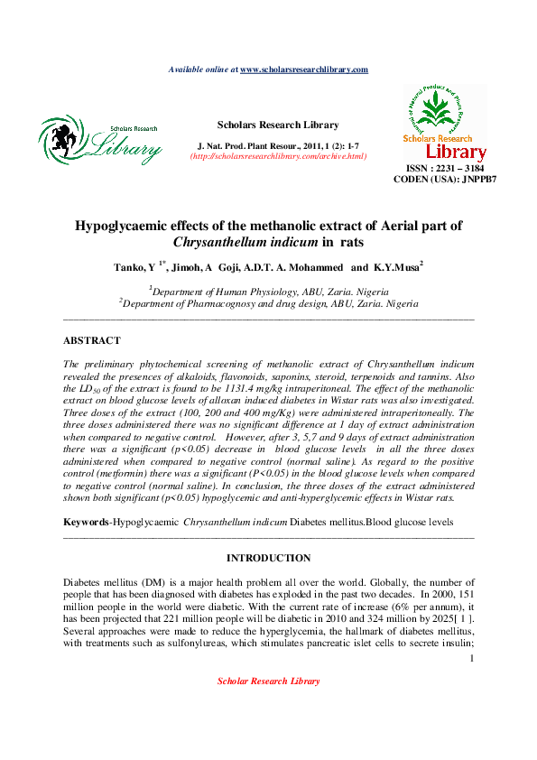 (PDF) Hypoglycaemic effects of the methanolic extract of Aerial part of ...