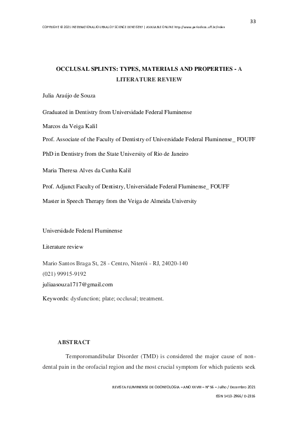 (PDF) Occlusal Splints: Types, Materials and Properties - a Literature ...