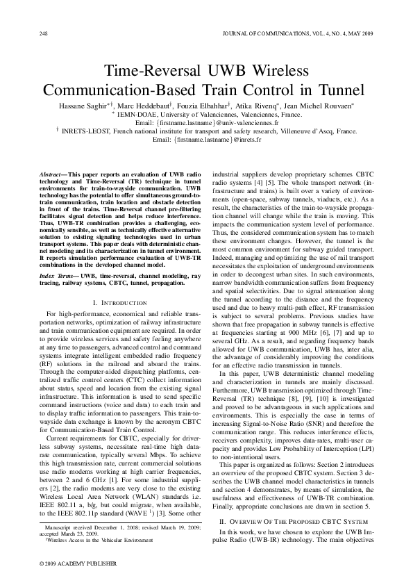 (PDF) Time-Reversal UWB Wireless Communication-Based Train Control in Tunnel