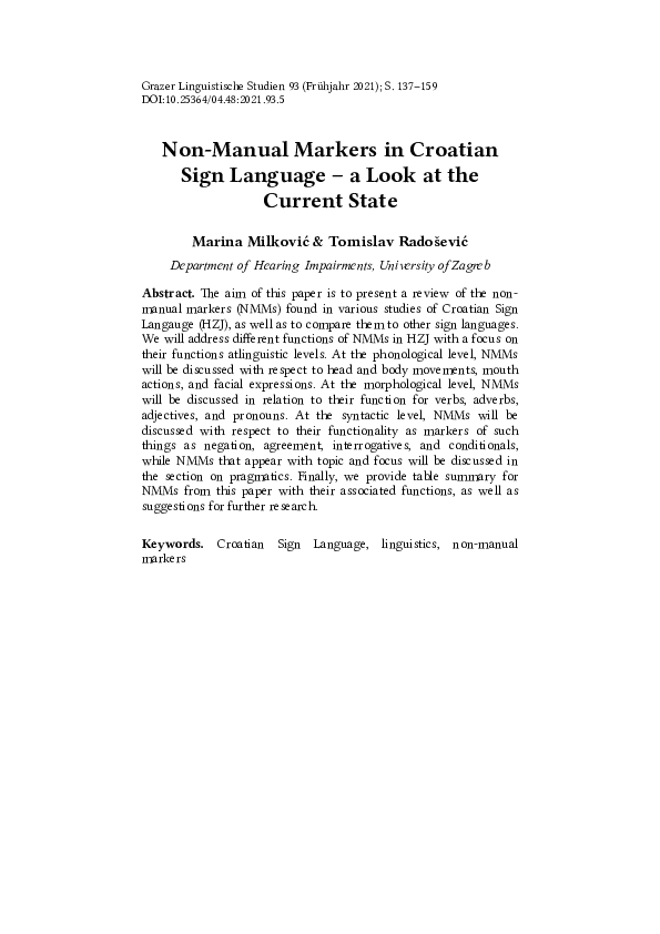 (PDF) Non-Manual Markers in Croatian Sign Language – a Look at the ...